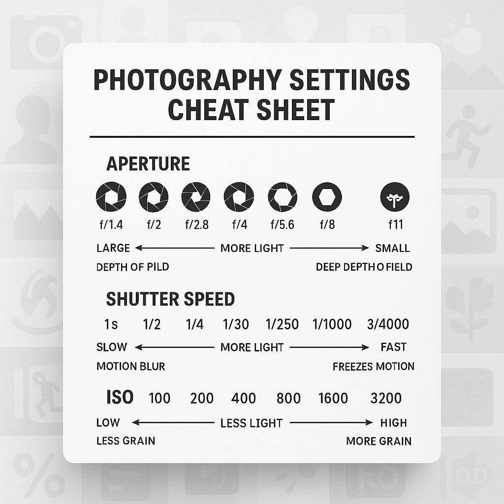 Photography Settings Cheat Sheet – Photography Notes